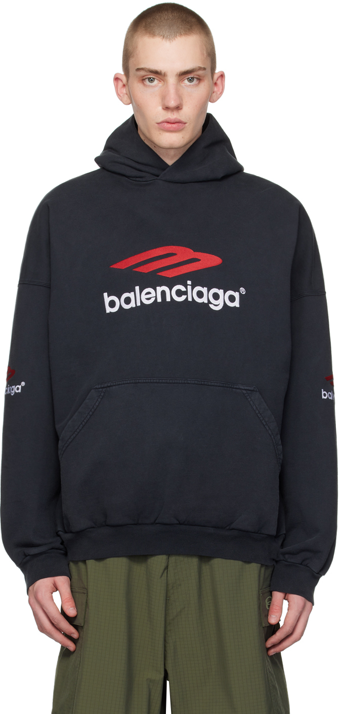 Balenciaga Black 3b Sports Icon Hoodie - Fade Black/Red/White